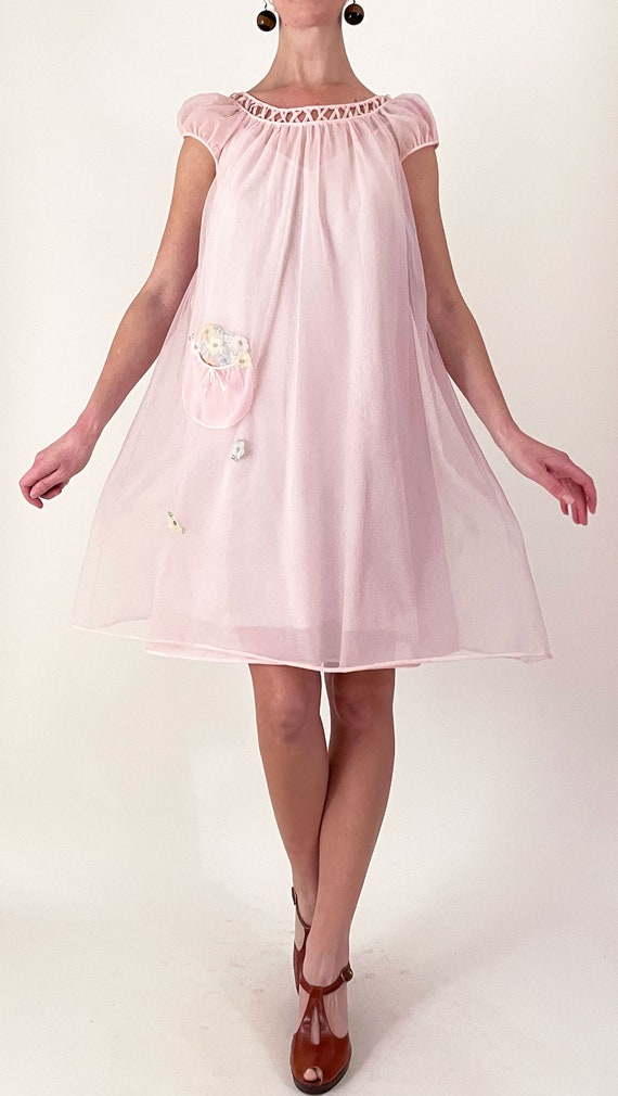60s Pink Floral Embroidered Negligee | Sheer Pink Nyl… - Gem