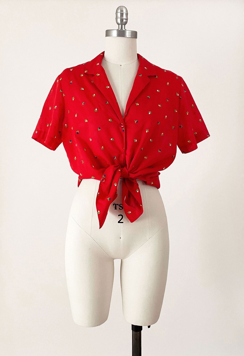 70s Red Floral Embroidered Blouse Koret City Blues Ditsy - Etsy