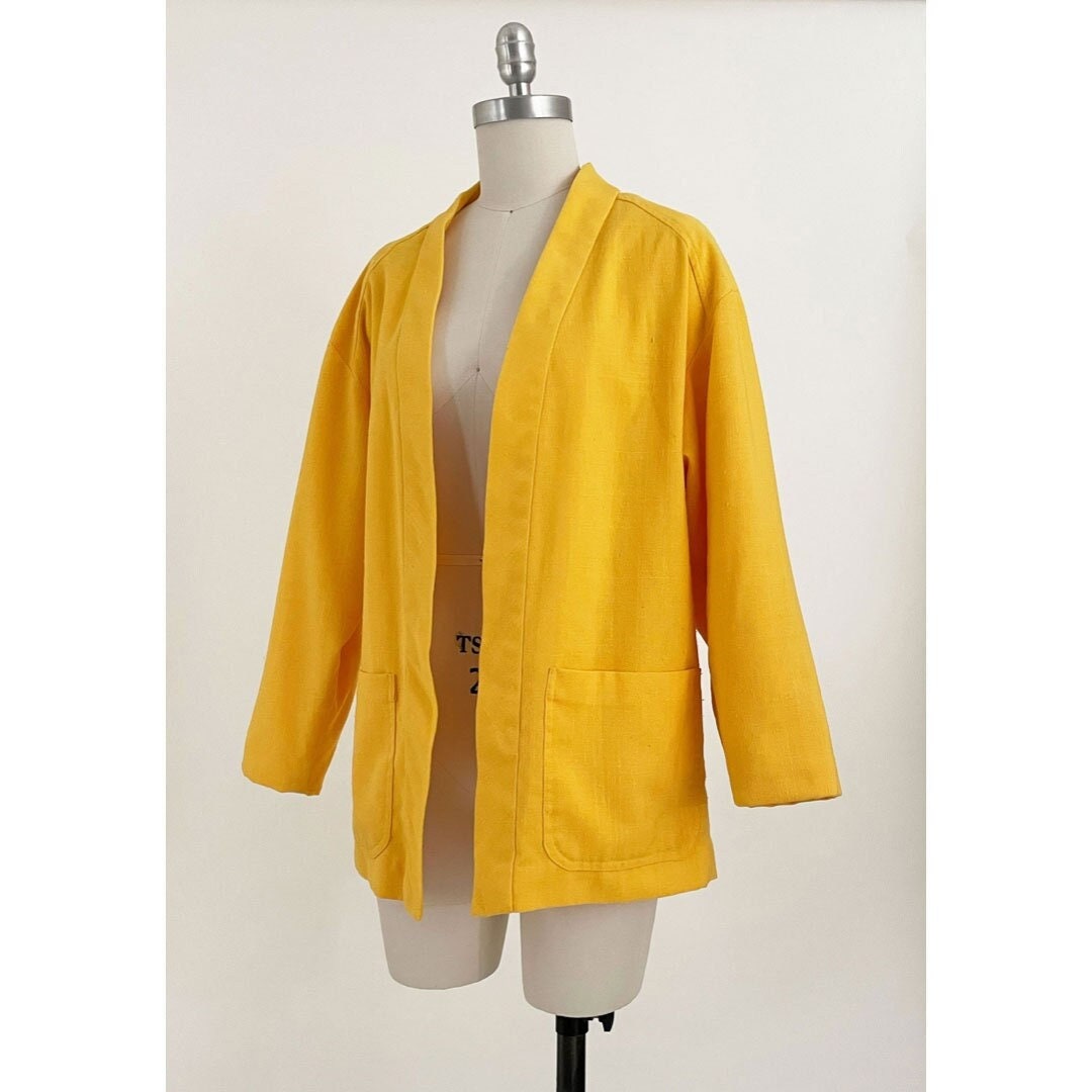 80s 90s Yellow Linen Open Front Jacket | Yellow Linen Blazer With ...