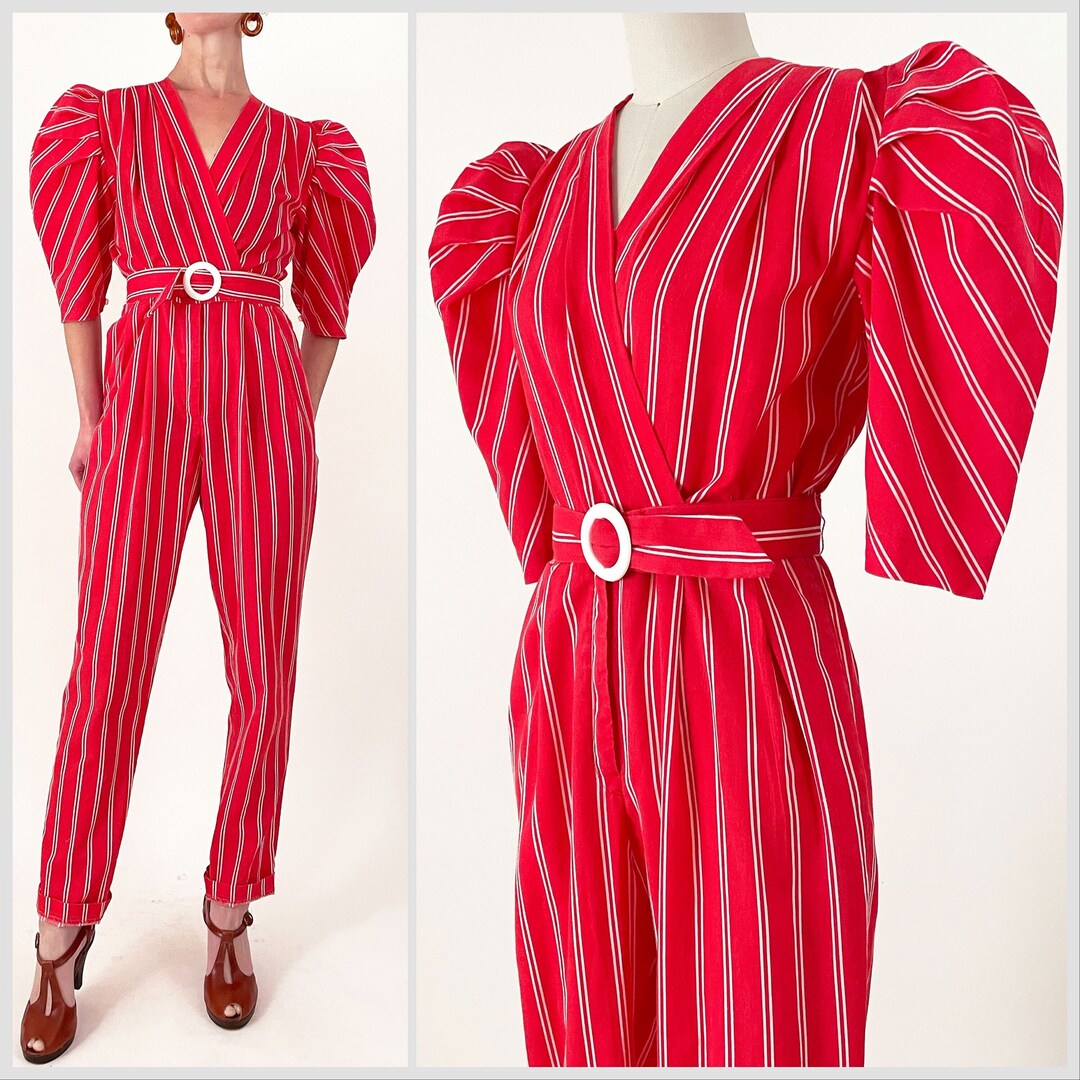 80s Does 40s Red Pinstripe Puff Sleeve Jumpsuit Red and White Striped ...