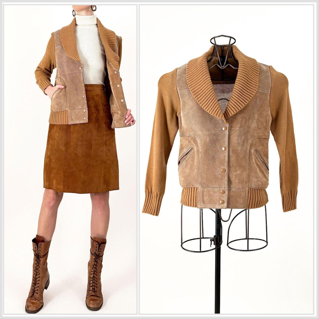 70s Boho Suede Knit Jacket | Bronson of California Brown Leather Suede ...