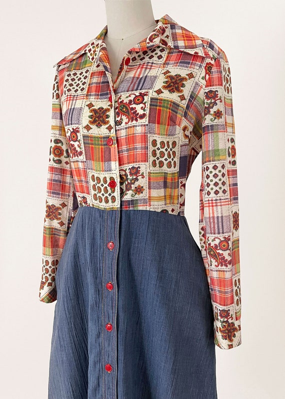 70s Mod Patchwork Print Button Front Dress | Boho Pat… - Gem
