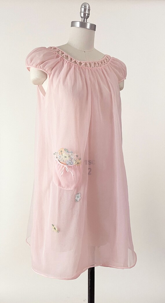 60s Pink Floral Embroidered Negligee | Sheer Pink Nyl… - Gem