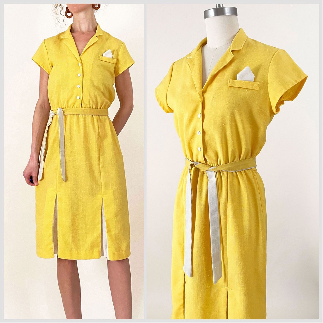 60s Mod Yellow Color Block Dress | Yellow White Pocket Square Belted ...