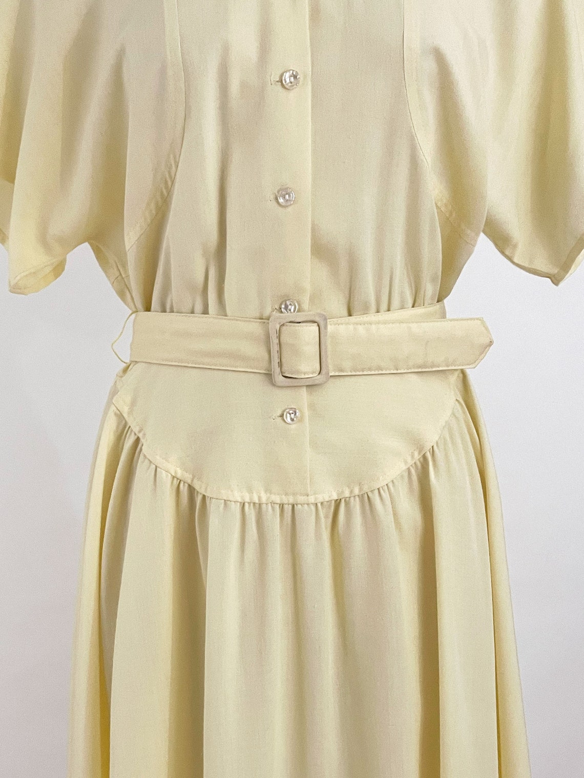 80s Yellow Belted Midi Dress Pale Yellow Shirtwaist Midi - Etsy