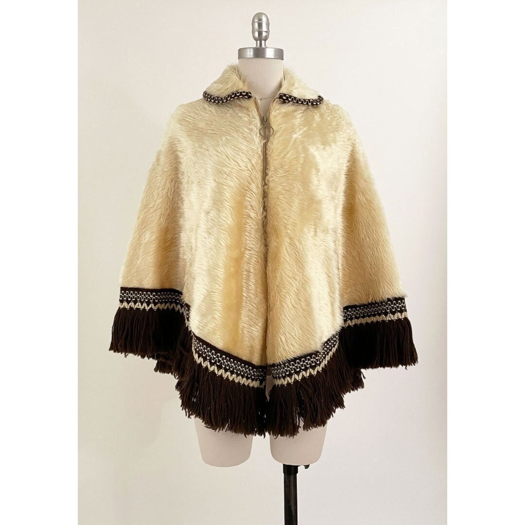 70s Boho Faux Fur Cape Poncho | O-ring Zip Front Faux Fur Fringe Cape ...