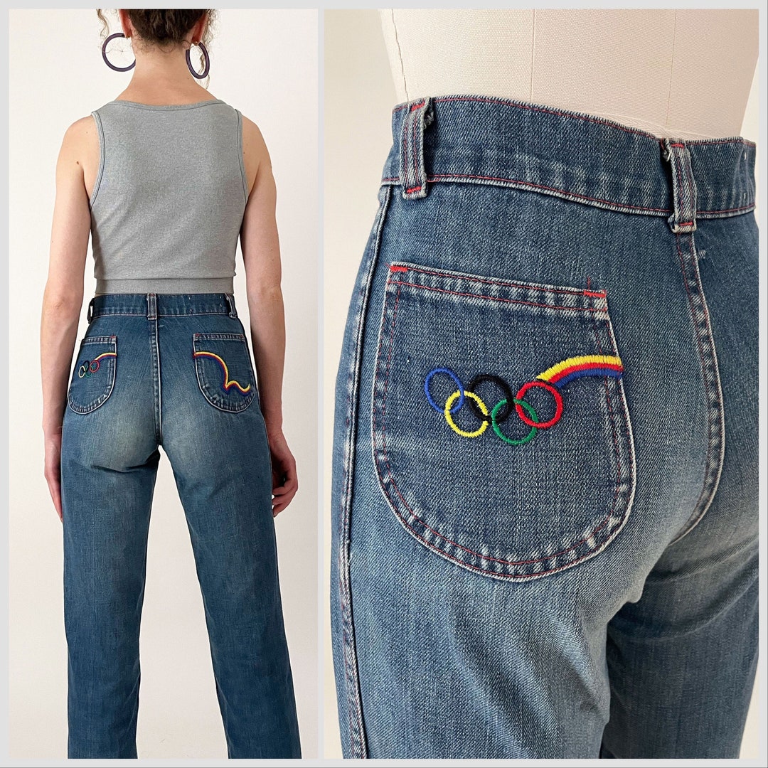 70s Rainbow Stitch Olympic Ring Jeans High Waisted Olympic Ring Pocket ...