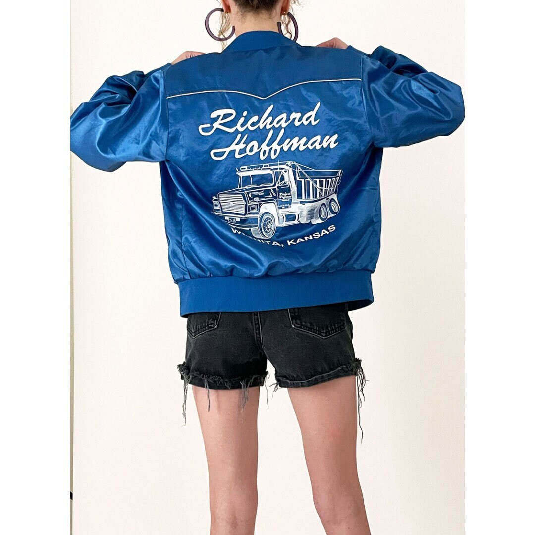 80s Blue Satin Trucking Bomber Jacket Richard Hoffman Trucking Wichita ...