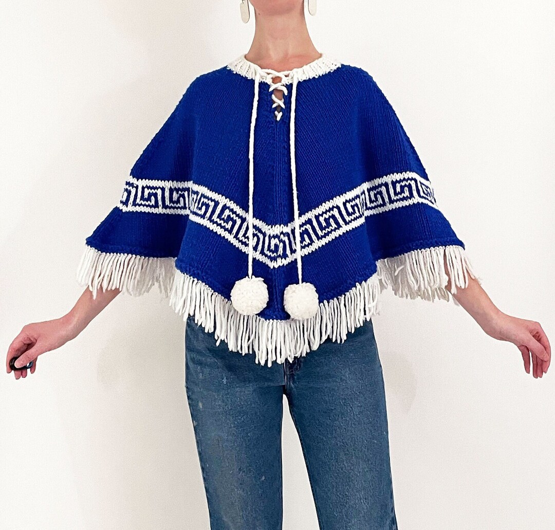 60s 70s Blue and White Knit Poncho With Pompom Drawstring Royal Blue ...