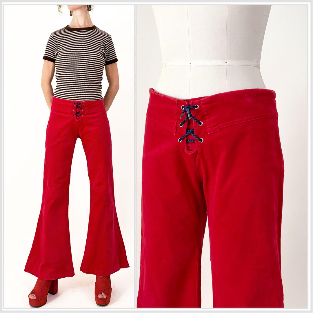 70s Red Velour Low Rise Bell Bottoms Red Lace up Hip Hugger Bell ...