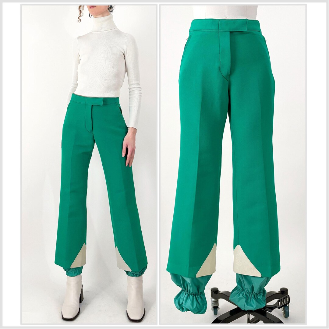60s 70s Mod Ski Pants | Green Geometric Mod Snow Pants With Built in ...