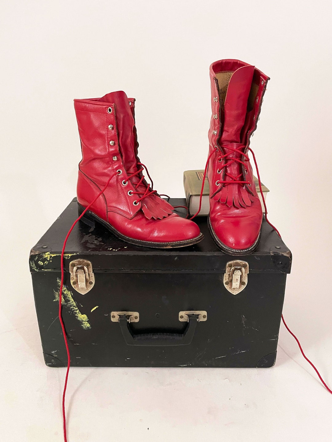 Vintage Justin Red Leather Lace up Boots | Justin Red Western Leather ...