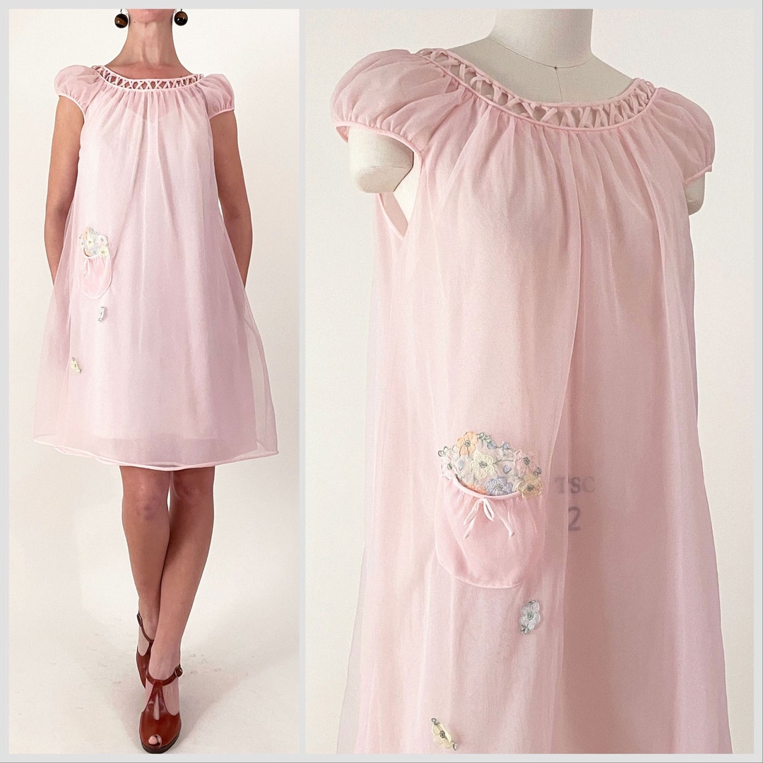 60s Pink Floral Embroidered Negligee Sheer Pink Nylon Slip Dress Tent ...
