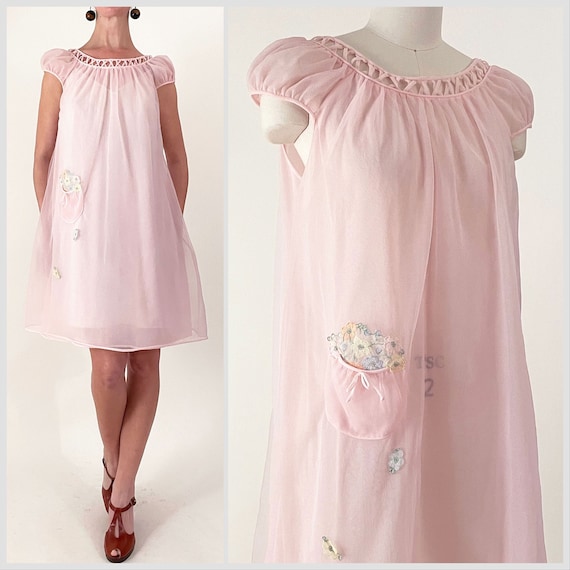 60s Pink Floral Embroidered Negligee | Sheer Pink Nyl… - Gem