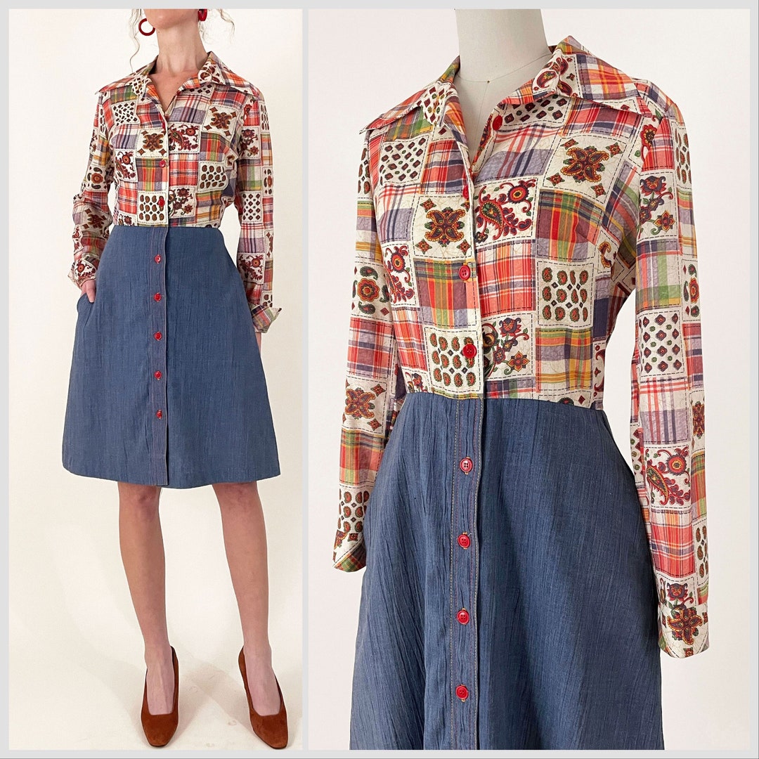 70s Mod Patchwork Print Button Front Dress Boho Patchwork Chambray A Line Collared Dress Small ...