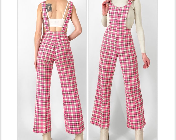 70s Pink Plaid Wide Leg Jumpsuit | Mod Bubblegum Pink Acrylic D-ring ...