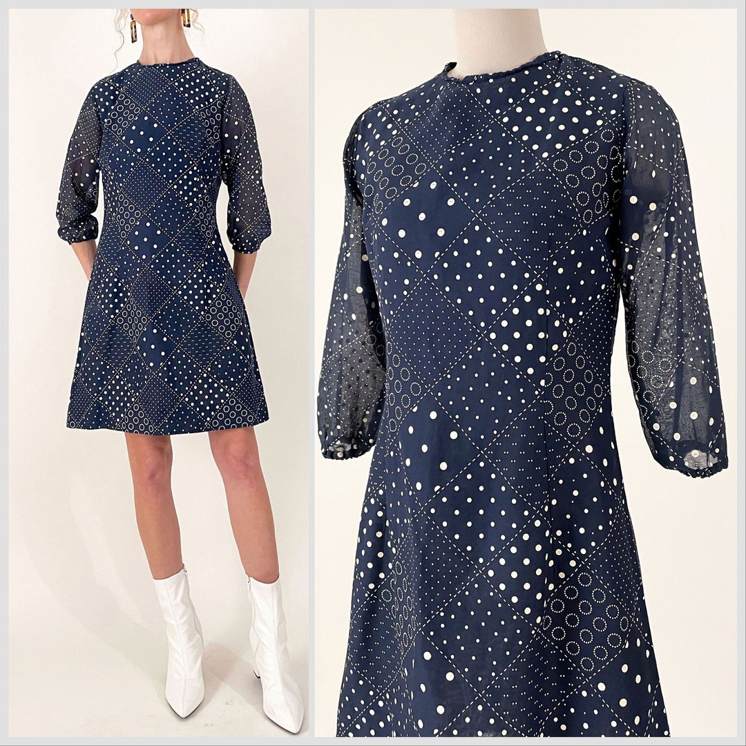 60s Mod Patchwork Print Shift Dress | Navy Blue Polka Dot Patchwork Minidress | Small - Etsy