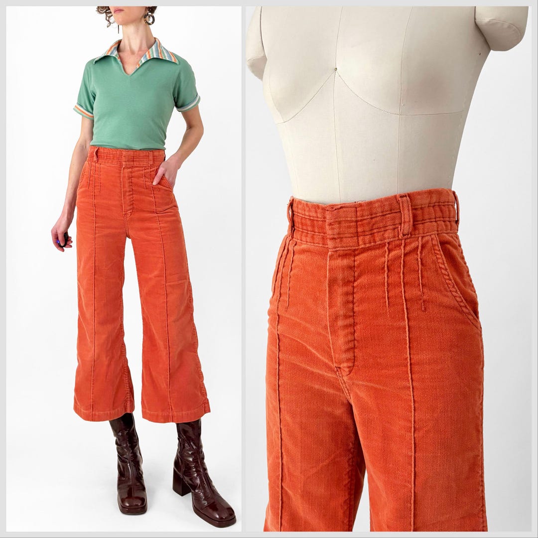 70s Orange Velvet Cropped Bell Bottom Pants | 26 Waist Slim Fit - Etsy