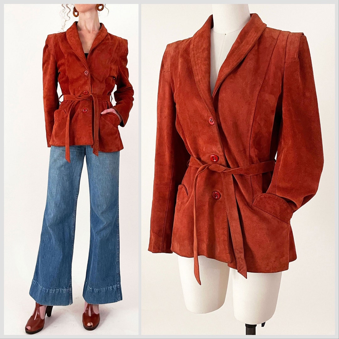 70s Orange Brown Suede Belted Jacket | Made in Argentina Leather Suede ...