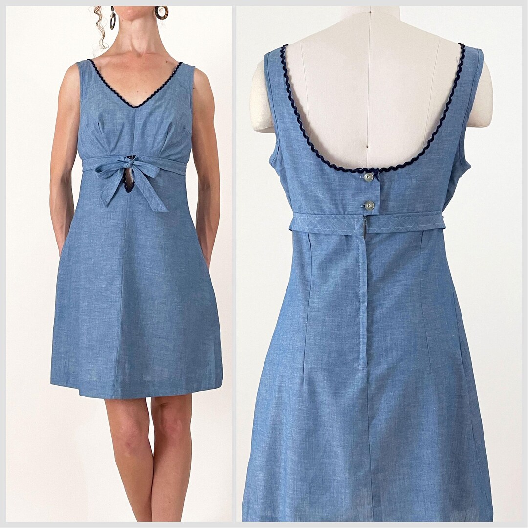 60s Chambray Cut Out Minidress | Langtry Ltd. Pin up Tie Front Ric Rac ...