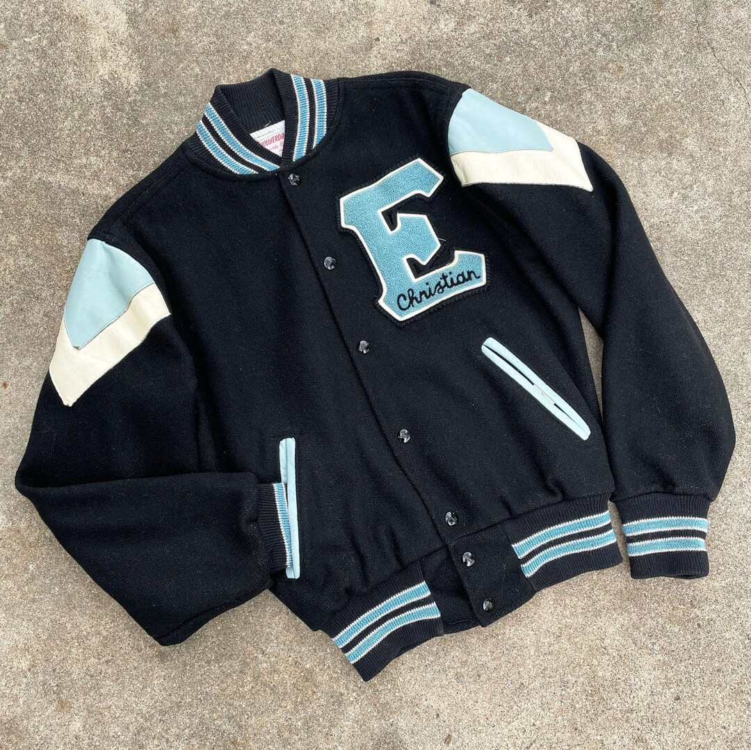 Vintage Wool and Leather Chainstitch Varsity Jacket Black and Blue Wool ...
