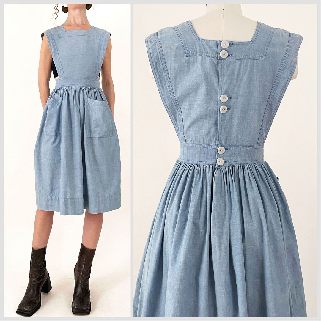 1940s Chambray Apron Dress Selvedge Chambray Button Back Pinafore Work ...