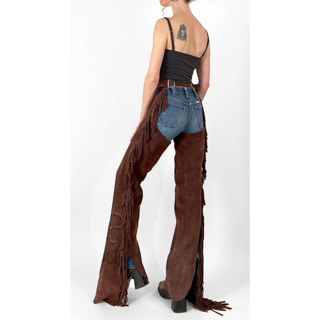 60s Western Cowboy Leather Fringe Chaps | Vintage Brown Suede Fringe ...