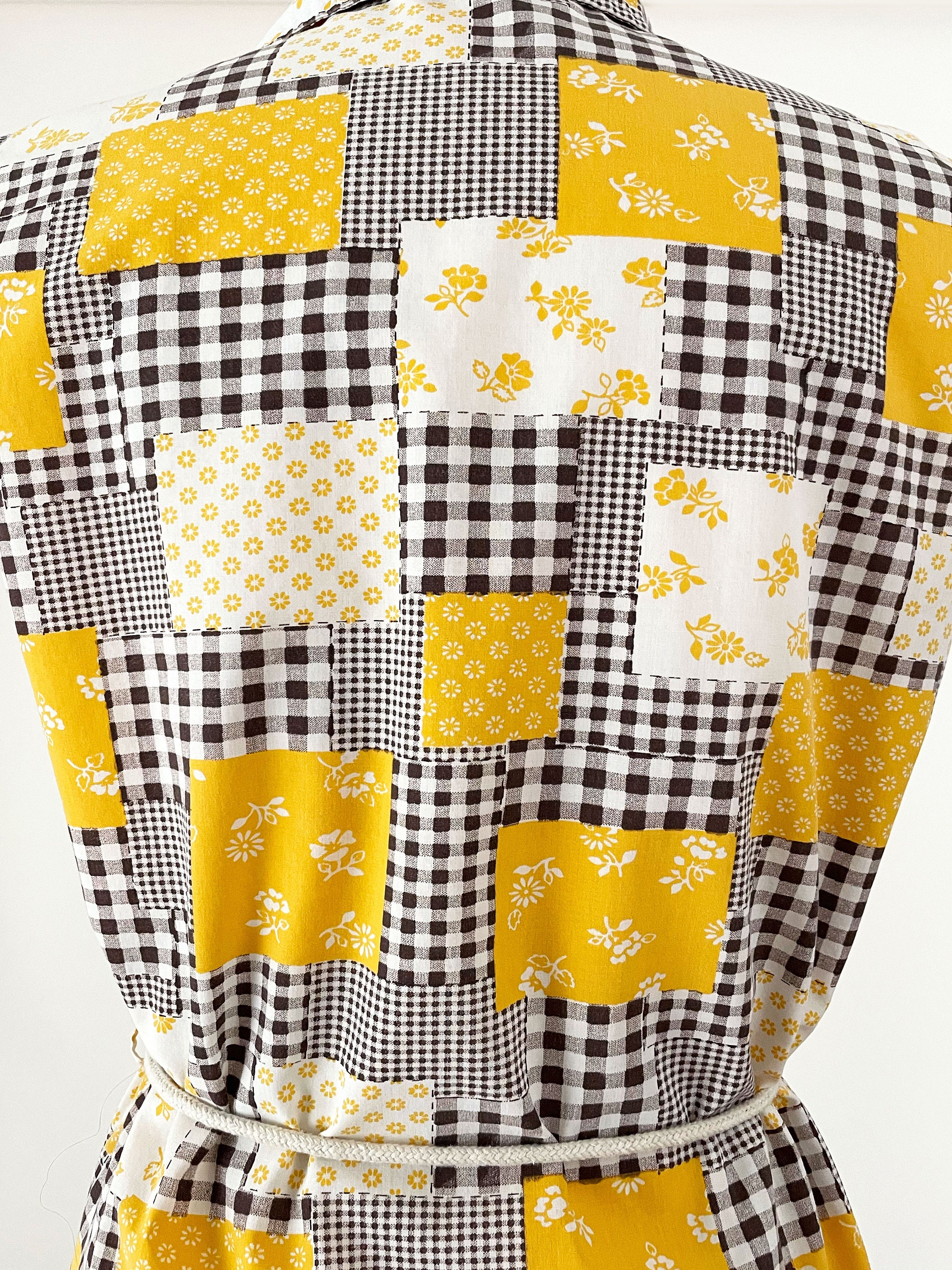 70s Boho Patchwork Print Blouse | Yellow Floral Gingham Patchwork ...