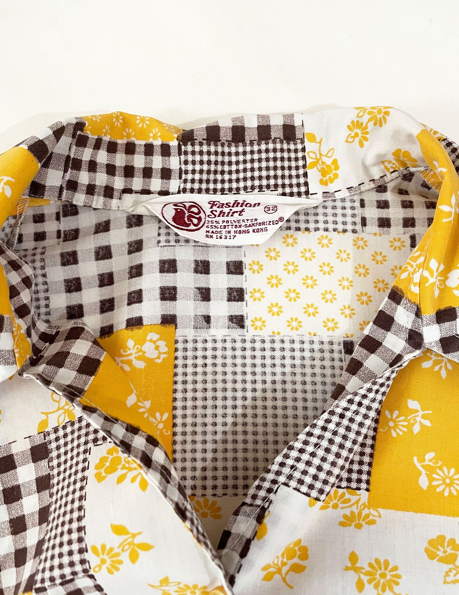 70s Boho Patchwork Print Blouse | Yellow Floral Gingham Patchwork ...