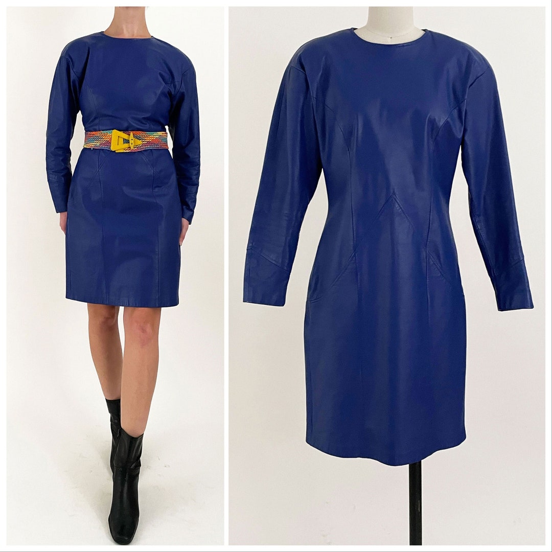 80s Ambria Blue Purple Leather Dress Buttery Soft Batwing Sleeve Above ...