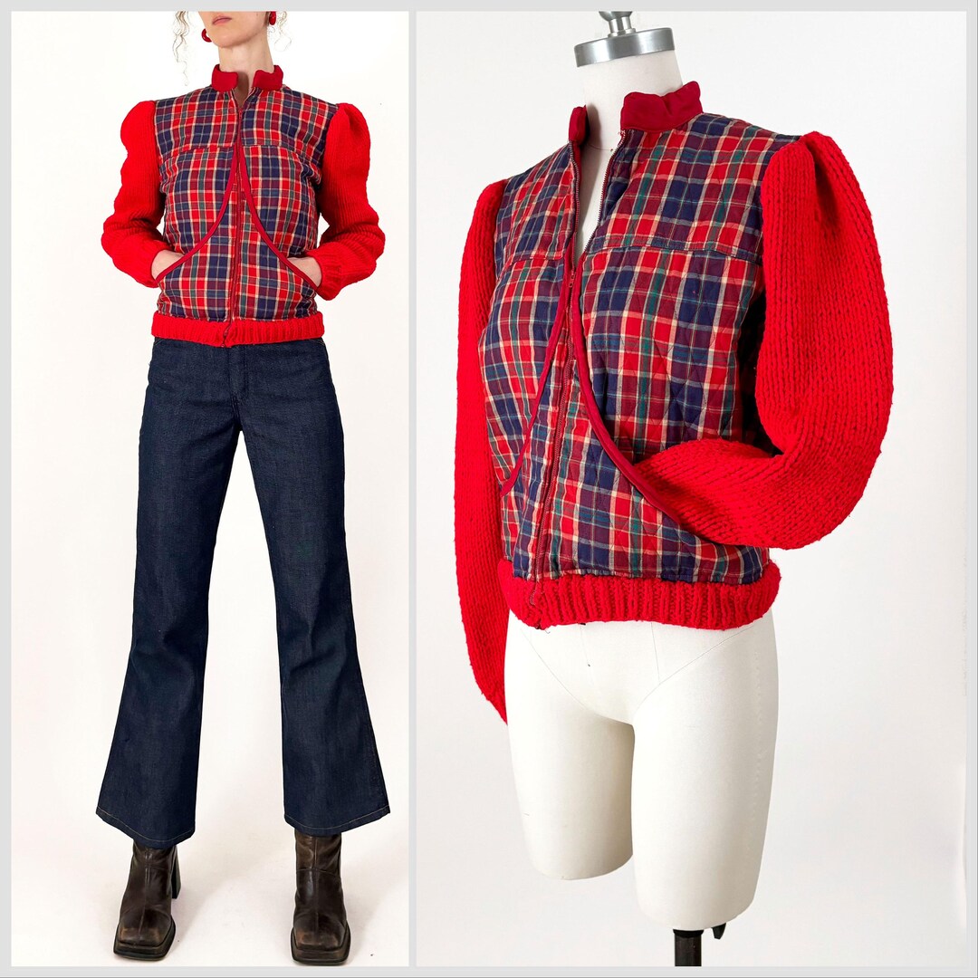 40s 50s Quilted Plaid Puff Sleeve Jacket | Chunky Knit Puff Shoulder ...