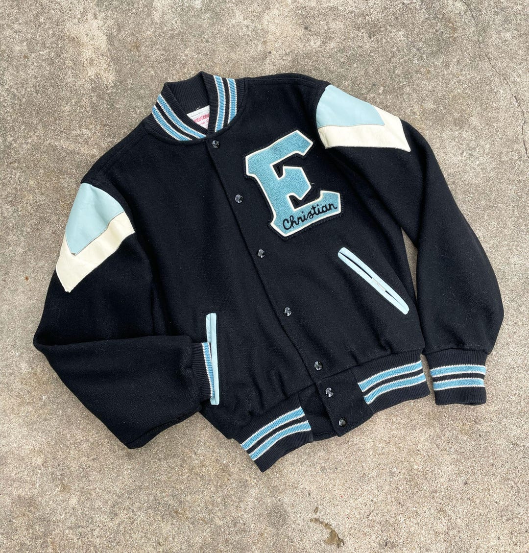 Vintage Wool and Leather Chainstitch Varsity Jacket | Black and Blue ...