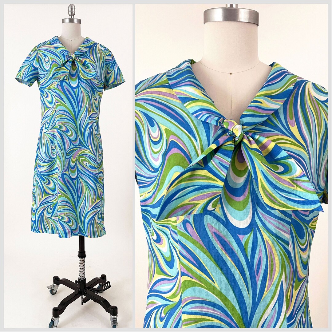 60s Psychedelic Swirl Print Dress Blue Green Abstract Op Art Psych ...