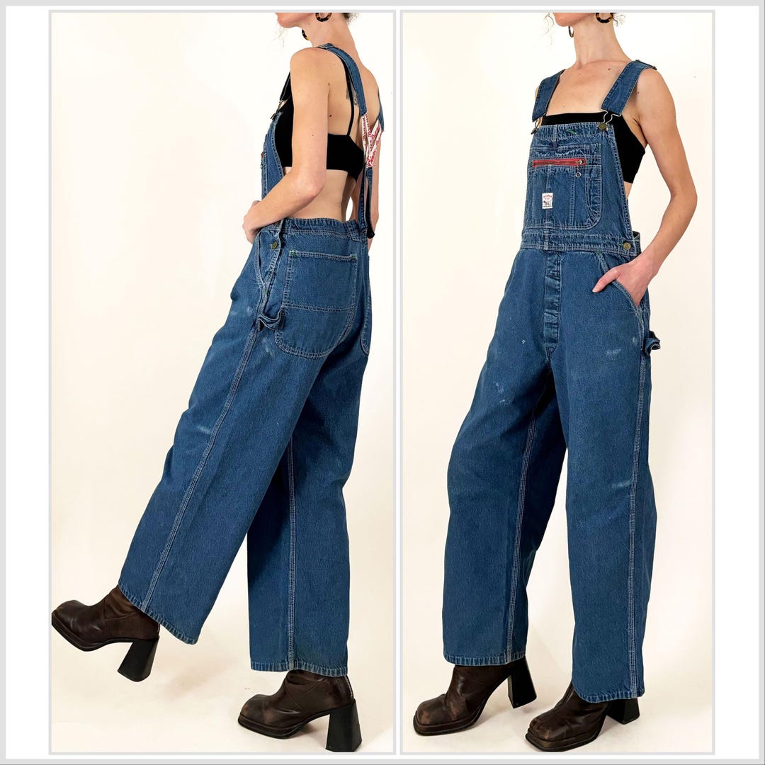 Vintage Pointer Low Back Denim Overalls Pointer Brand Distressed Denim Elastic Back Carpenter ...