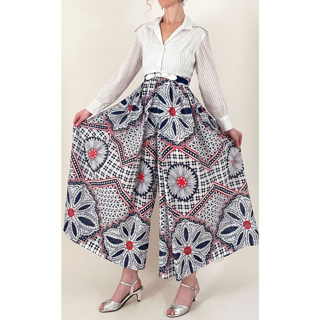 60s 70s Jane Martin Palazzo Jumpsuit | Boho Geometric Floral Wide Leg Cotton Gauze Jumpsuit ...