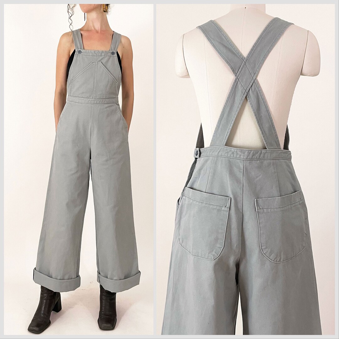 Vintage Canvas Wide Leg Overalls Grey Criss Cross Wide Leg - Etsy