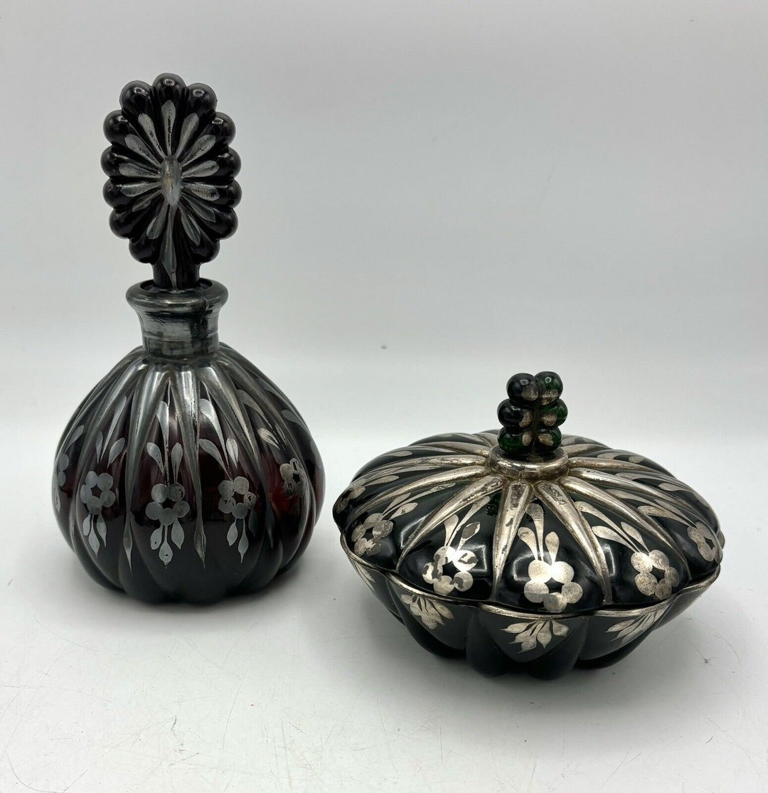 Vintage Glass Silver Perfume Bottle & Powder Jar - Etsy
