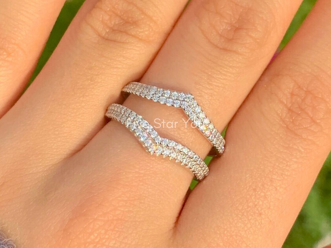 Round Moissanite Enhancers and Wrap Guard Ring for Women, Double V Shaped Engagement Ring ...