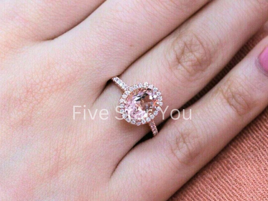 Oval Cut Peach Morganite Halo Engagement Ring for Women's, 925 Sterling Silver 14K Yellow Gold ...