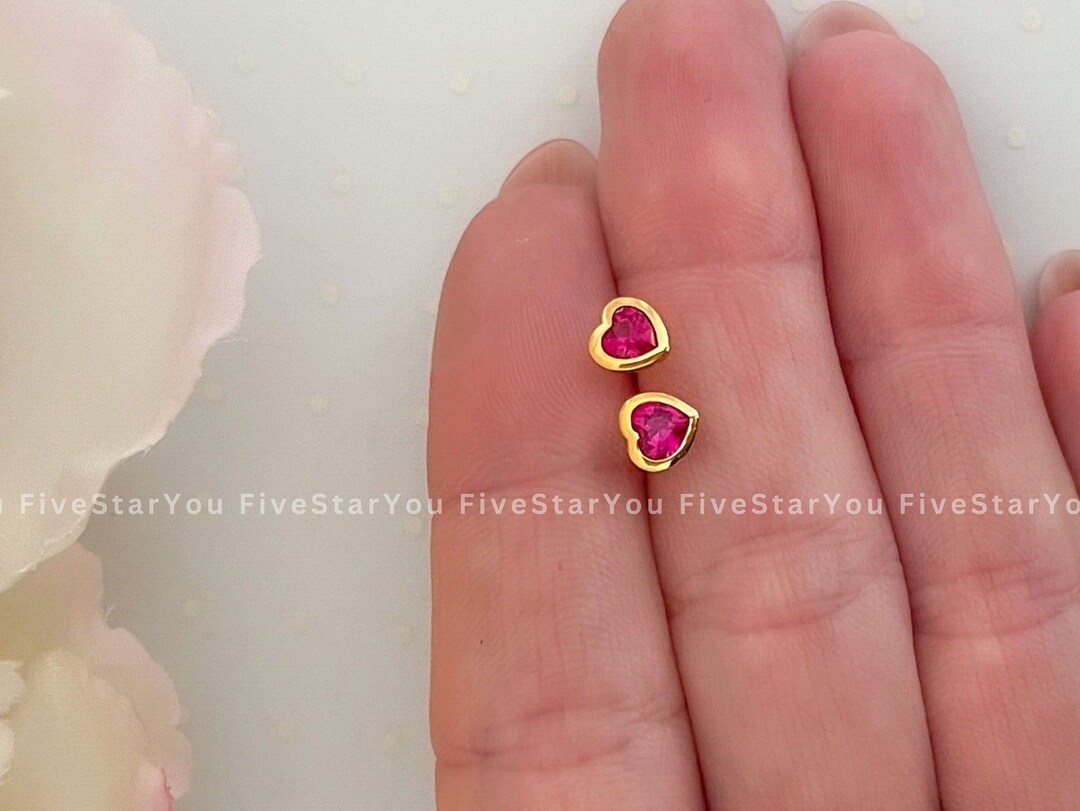 Solid 10K Gold 0.50ct Heart Shape Lab Created Ruby Stud Earrings, Women July Birthstone Earrings ...