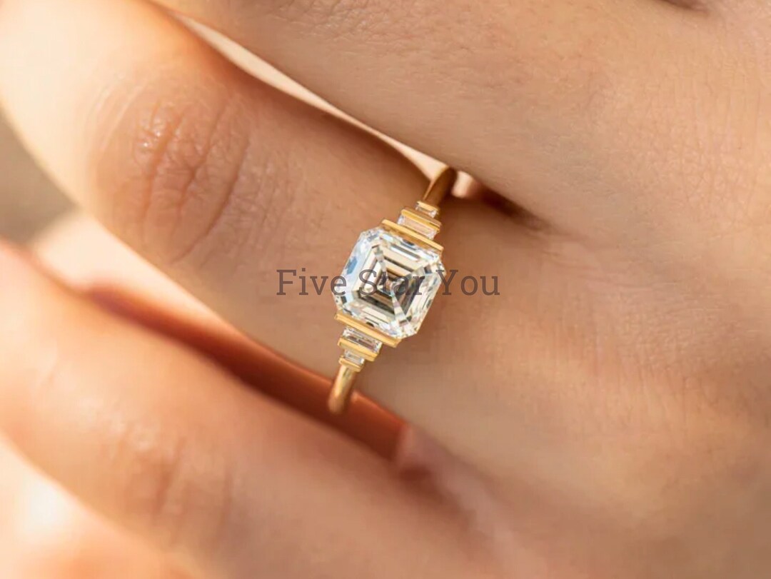 Asscher Cut Moissanite Engagement Ring for Women, Five Stone Wedding Ring, 14K Yellow Gold ...