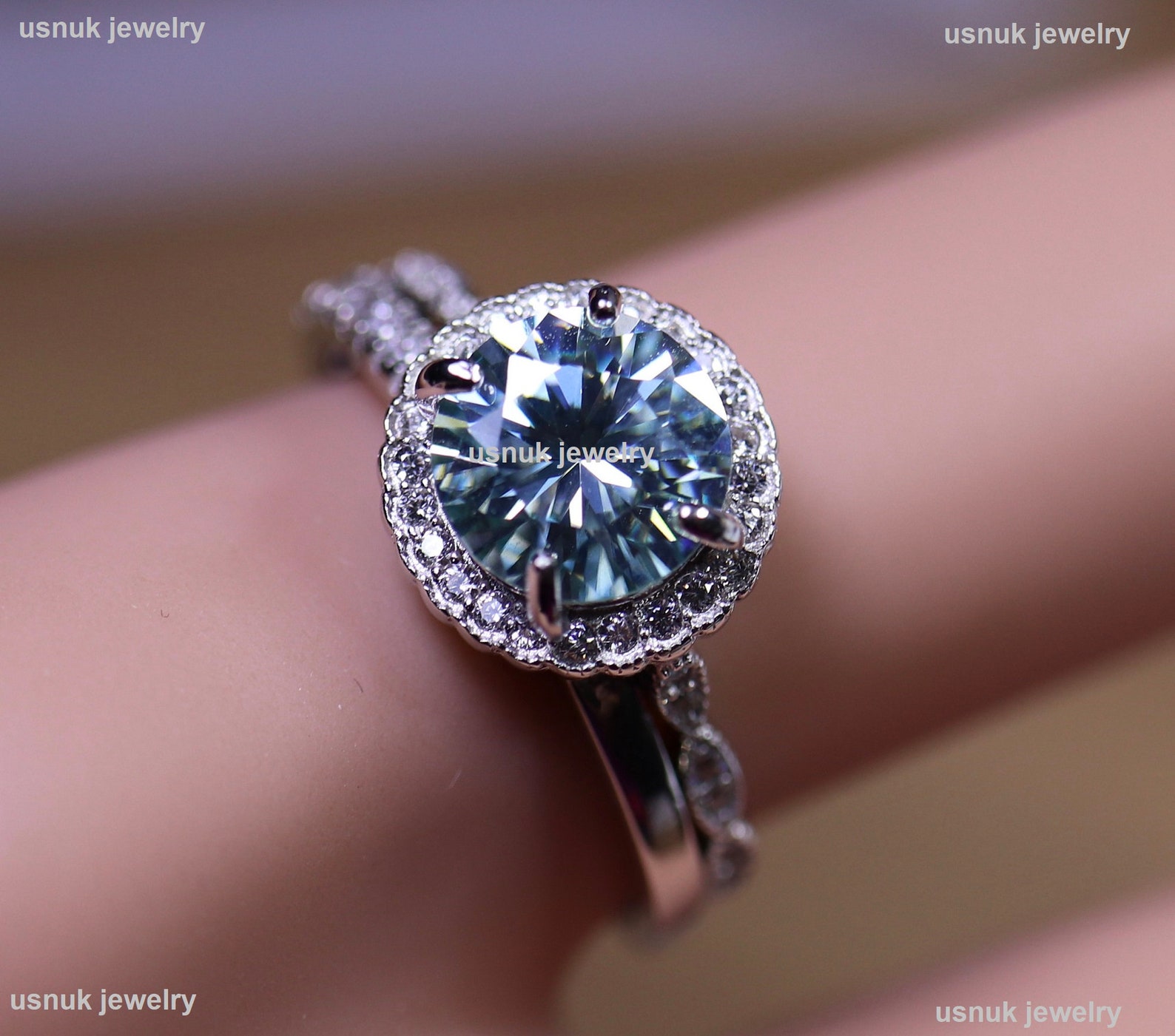 Blue Moissanite Halo Wedding Ring Silver Moissanite Ring | Etsy