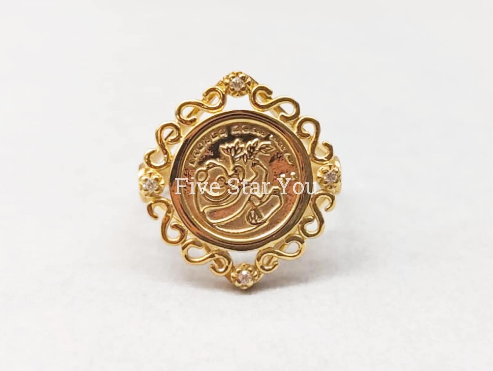 Vintage Chinese Panda Coin Ring, Bear Dainty Coin Ring, Moissanite Ring ...