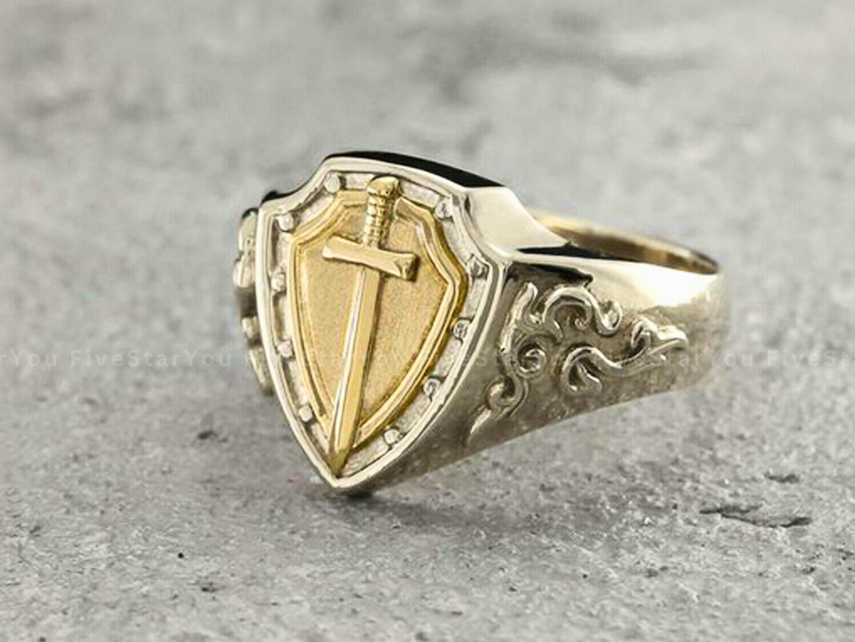 Knight's Golds Signet Rings, Sword Shield Ring for Men, Medieval Retro ...