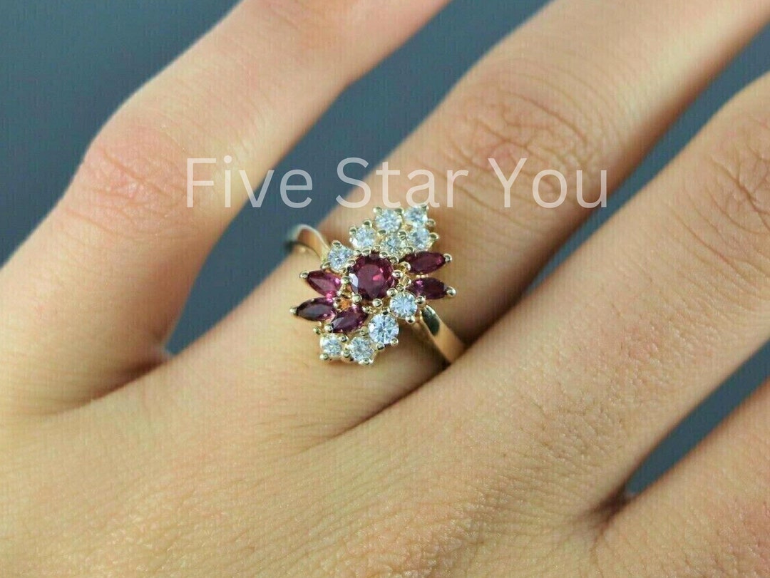 0.80 Carat Round-cut Red Ruby & Colorless Moissanite Cluster Cocktail ...