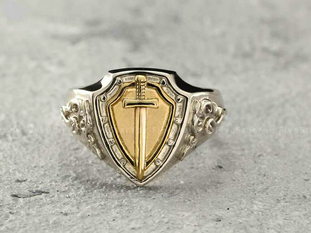 925 Sterling Silver Two Toned Knight Armor Signet Rings, Sword Shield ...
