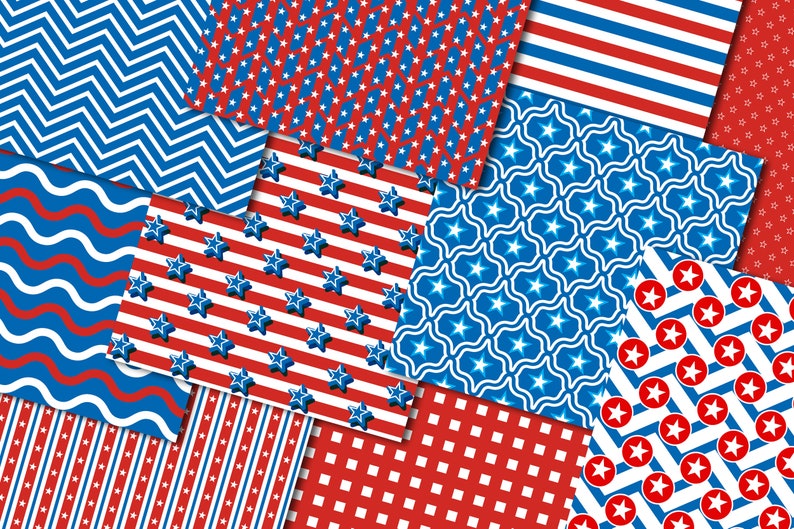 4th of July Digital Paper Set 2 - Red White and Royal Blue American ...