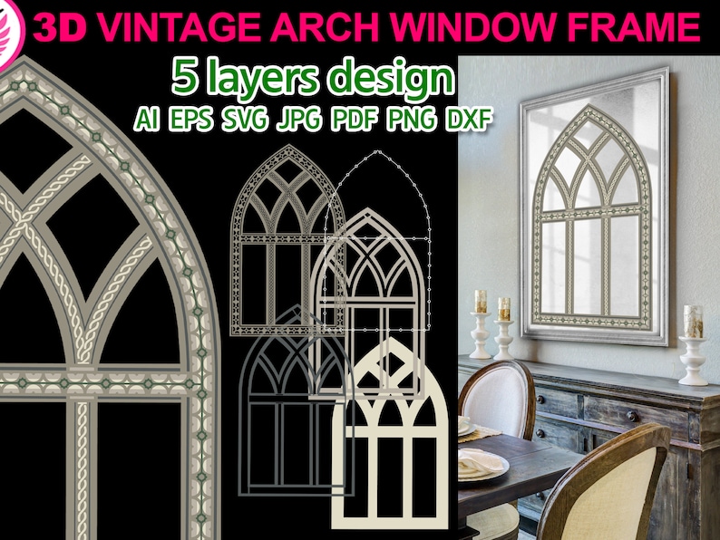 3D Vintage Farmhouse Arch Window Frame Layered Design SVG Clipart ...