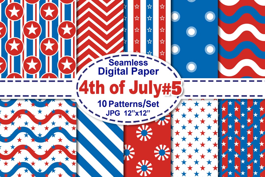 4th of July Digital Paper Set 5 - Red White and Royal Blue American ...