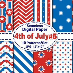 4th of July Digital Paper Set 5 - Red White and Royal Blue American ...